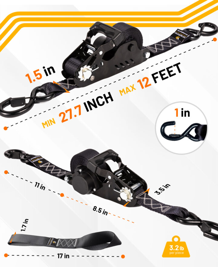1.5 in x 12 ft S-Hook Retractable Ratchet Straps 2-Pack, Black - Strapinno