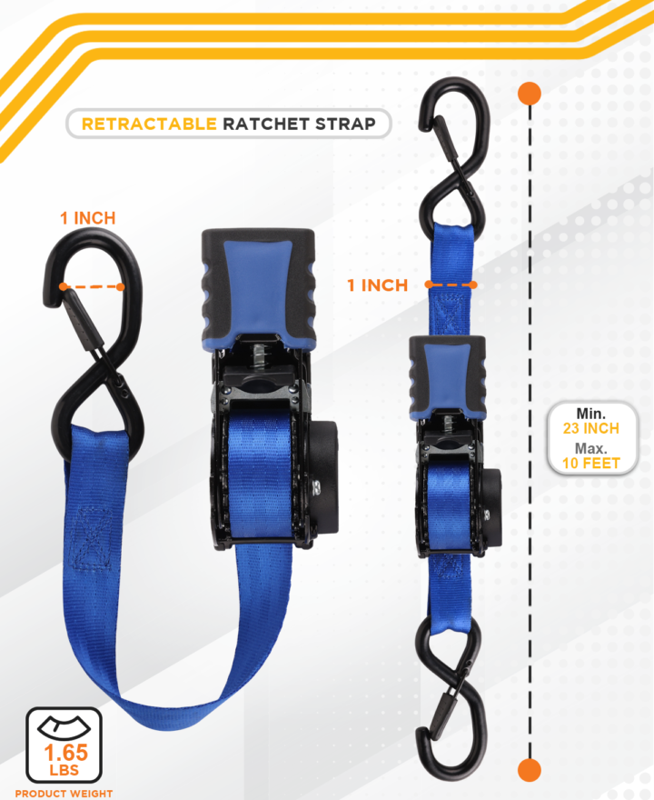 1 in x 10 ft S-Hook Retractable Ratchet Straps 4-Pack, Blue - Strapinno