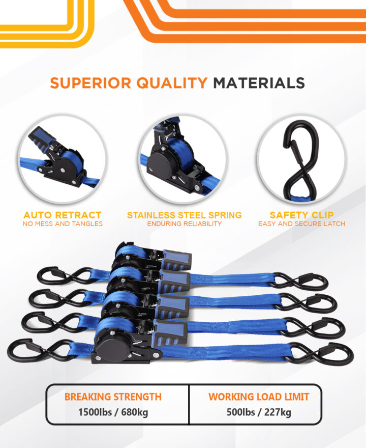 1 in x 10 ft S-Hook Retractable Ratchet Straps 4-Pack, Blue - Strapinno