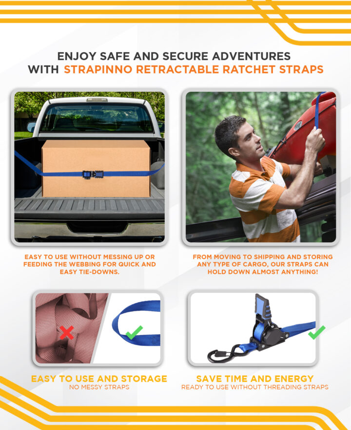 1 in x 10 ft S-Hook Retractable Ratchet Straps 4-Pack, Blue - Strapinno