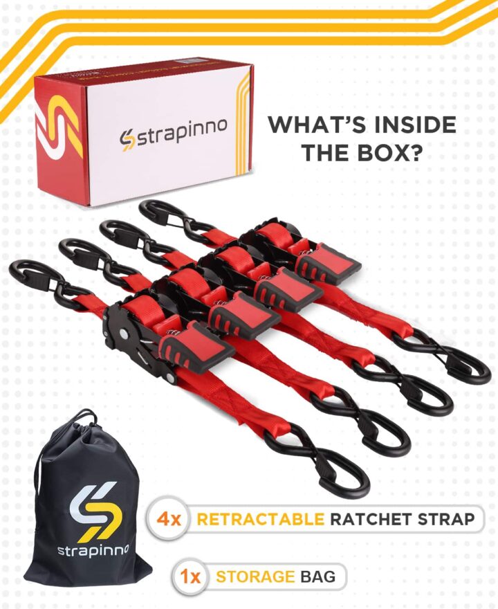 1 in x 6 ft S-Hook Retractable Ratchet Straps 4-Pack, Red - Strapinno