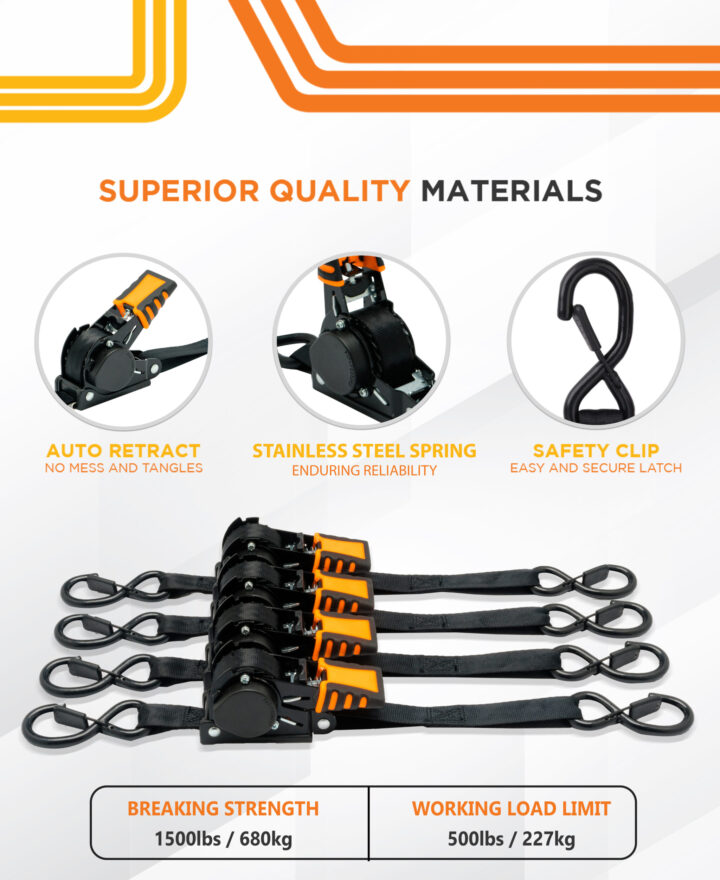 1 in x 10 ft S-Hook Retractable Ratchet Straps 4-Pack, Black - Strapinno