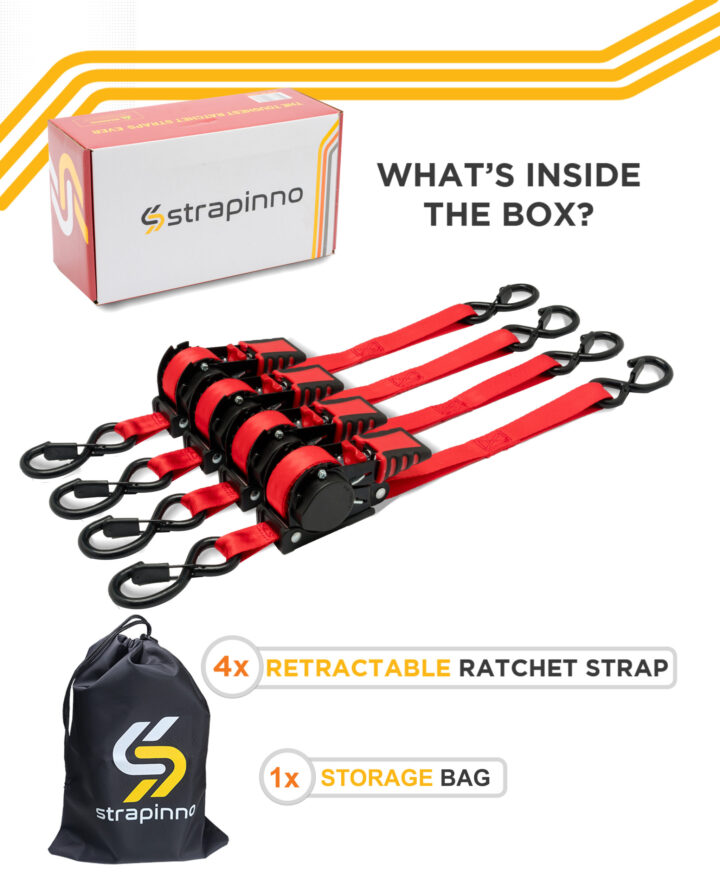 1in x 10 ft S-Hook Retractable Ratchet Straps 4-Pack, Red - Strapinno