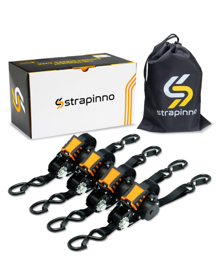 1 in x 12 ft S-Hook Retractable Ratchet Straps 4-Pack, Black - Strapinno