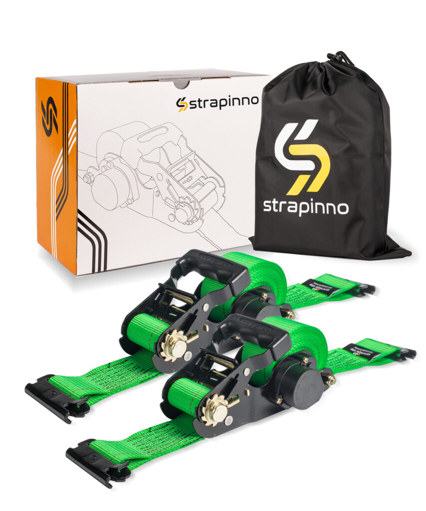 2 in x 15 ft E-track Retractable Ratchet Straps 2-Pack, Green - Strapinno